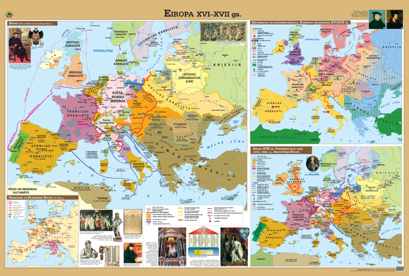 Maps - Wall maps - Eiropa XVI - XVII gs. Vēsturiskā sienas karte skolām